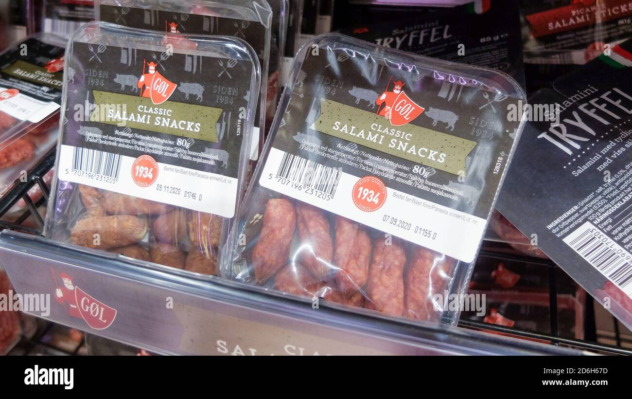 Salami snacks in a supermarket Stock Photo - Alamy