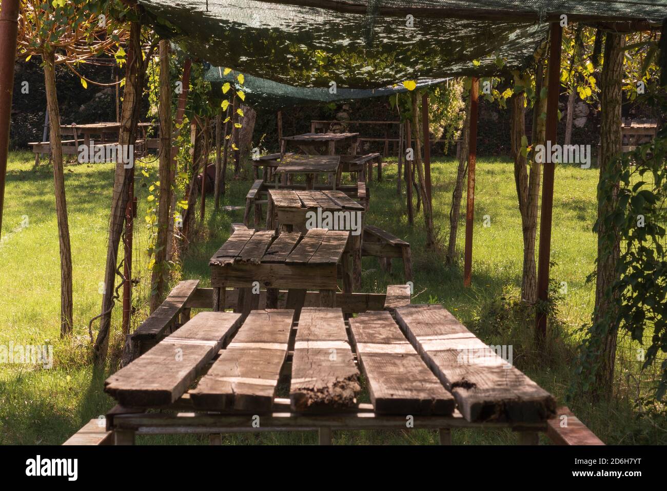 Picnic tables in a big garden Stock Photo - Alamy