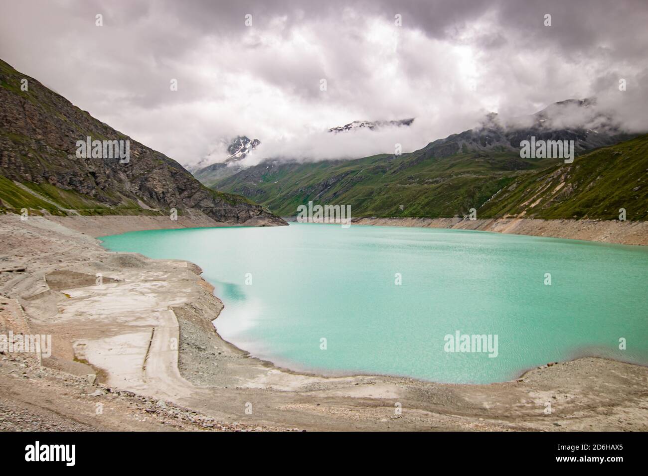 Aerial view of glacier lake at Lac de Moiry in the Swiss Alps. At ...