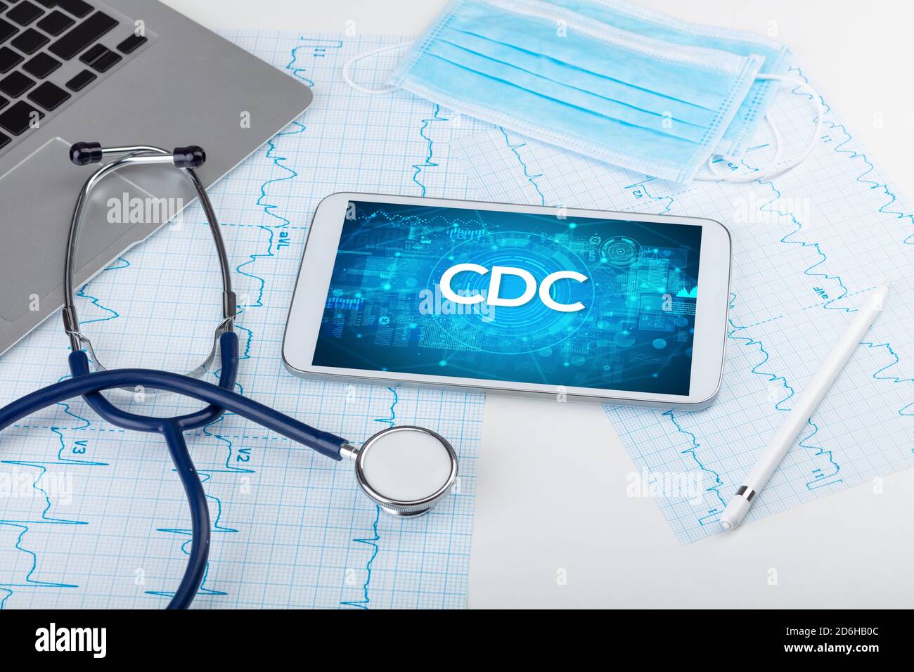 Close-up view of a tablet pc with CDC abbreviation, medical concept ...