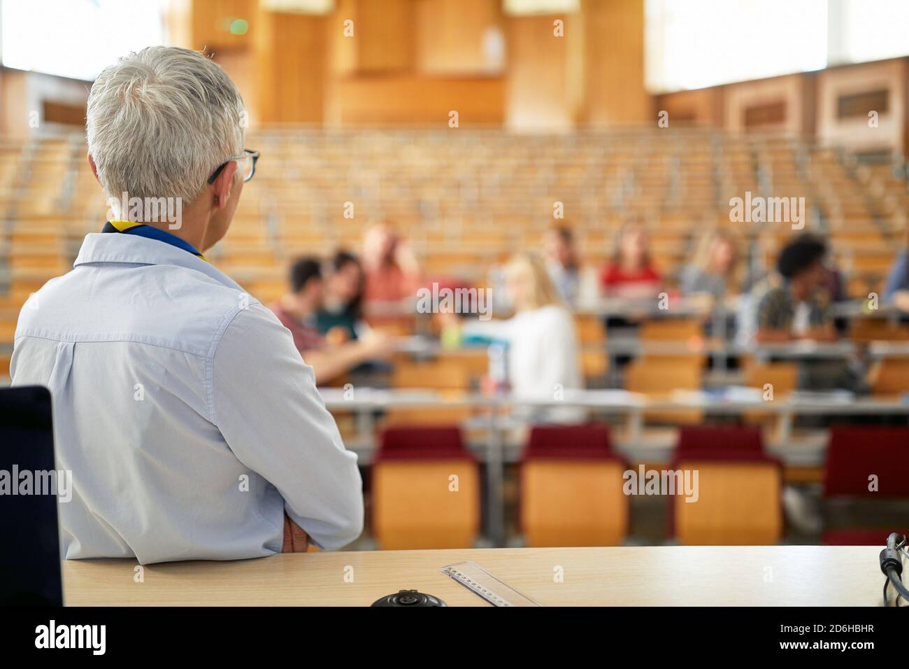 Female professor watching students at the lecture in the university ...