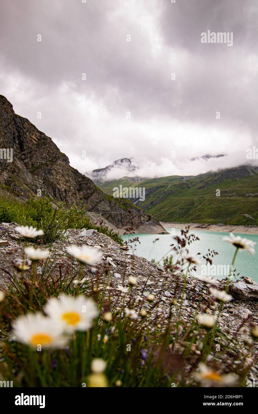 Aerial view of glacier lake at Lac de Moiry in the Swiss Alps. At ...