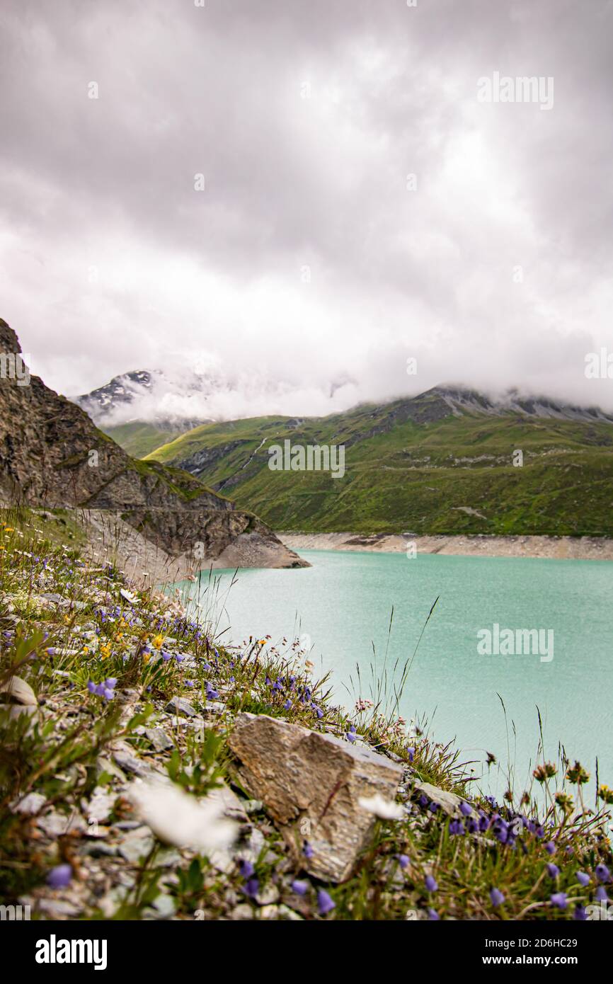 Aerial view of glacier lake at Lac de Moiry in the Swiss Alps. At ...