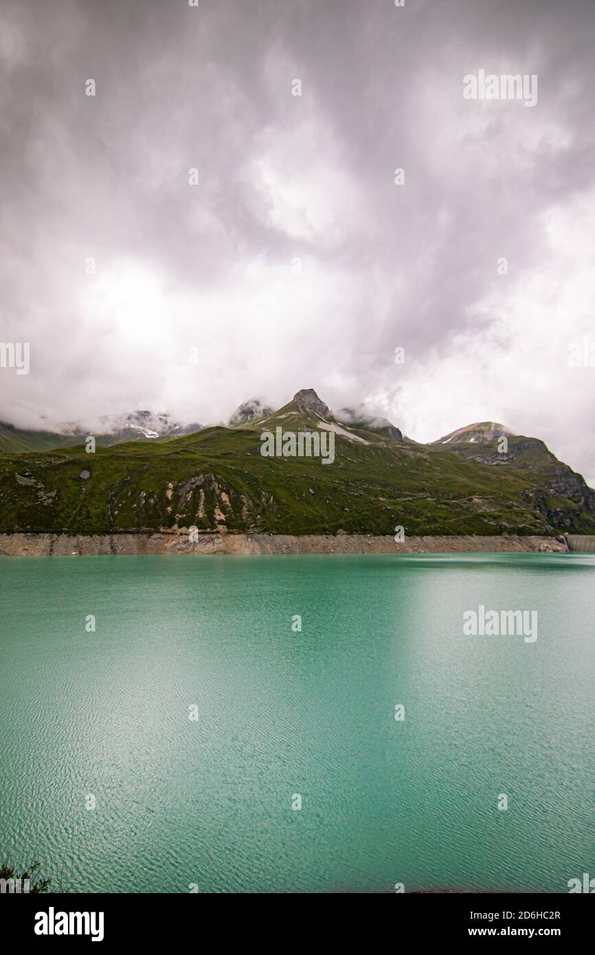Aerial view of glacier lake at Lac de Moiry in the Swiss Alps. At ...