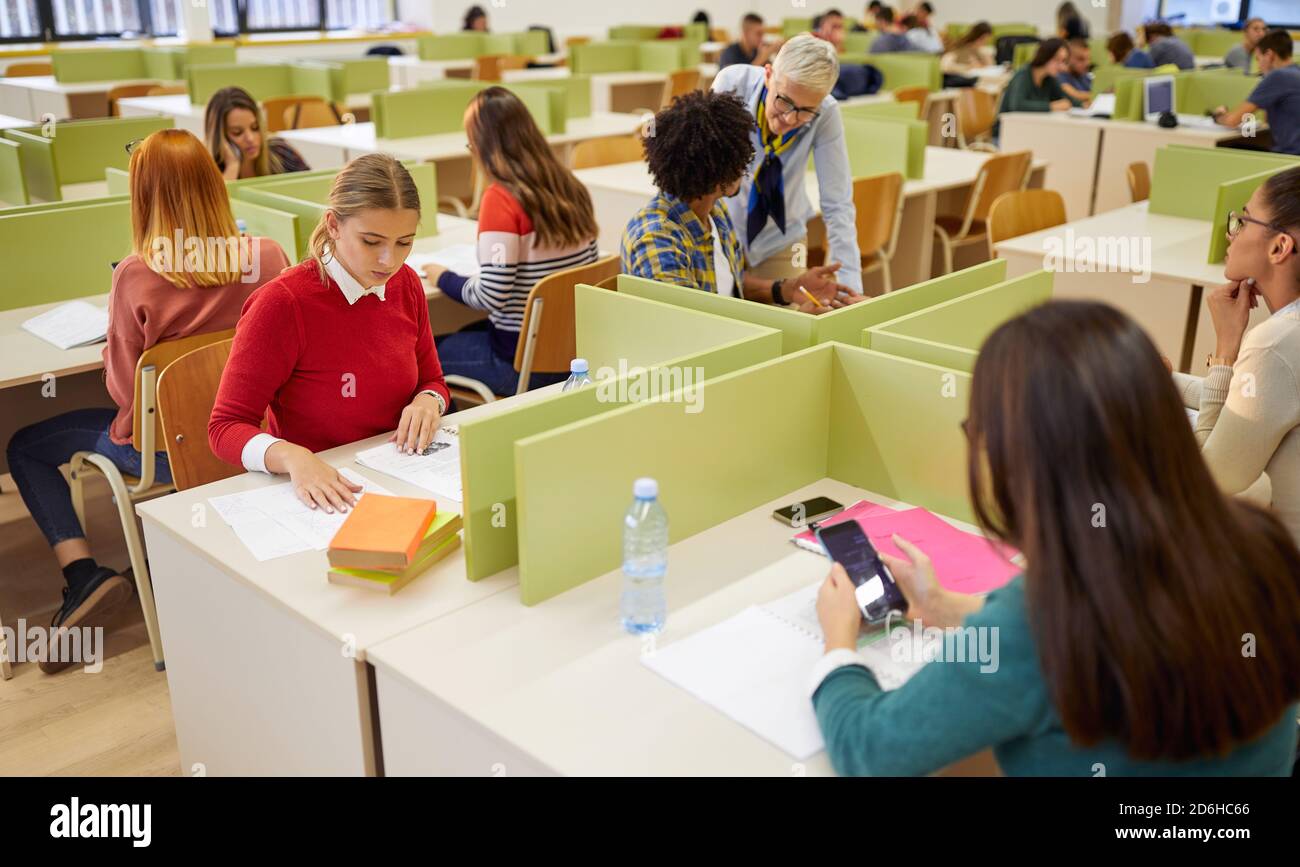 A working atmosphere in a classroom at a lecture in an educational ...