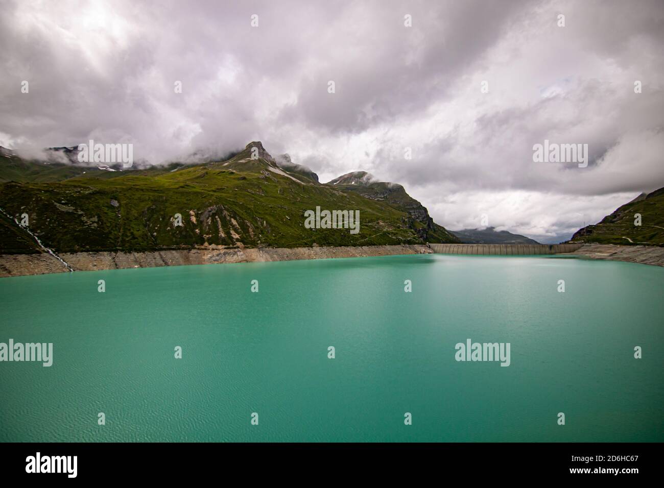 Aerial view of glacier lake at Lac de Moiry in the Swiss Alps. At ...