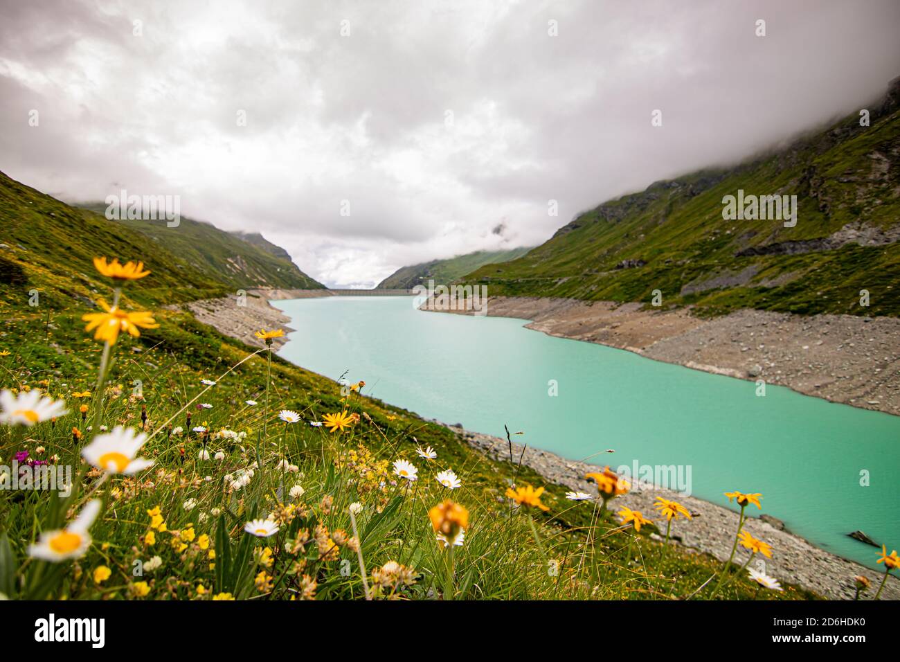 Aerial view of glacier lake at Lac de Moiry in the Swiss Alps. At ...