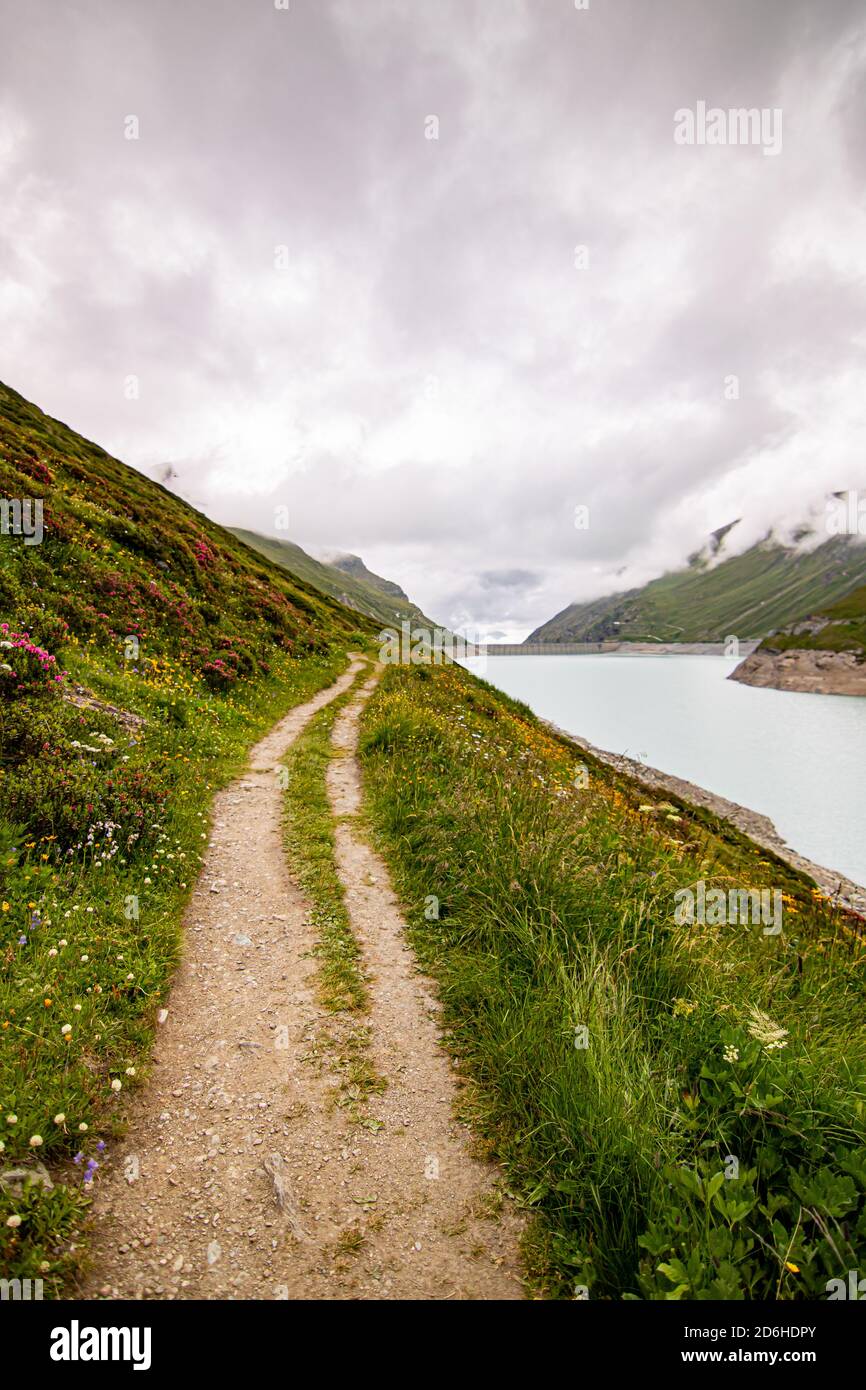 Aerial view of glacier lake at Lac de Moiry in the Swiss Alps. At ...