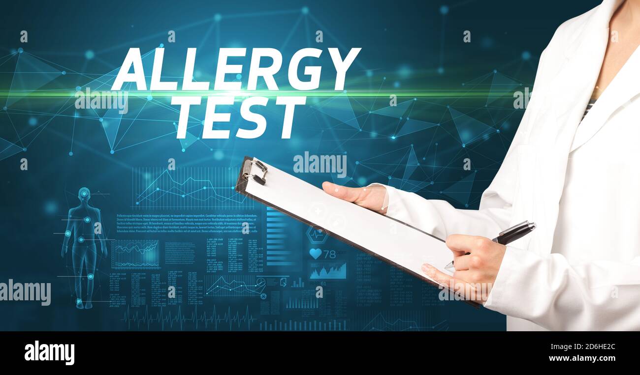 doctor writes notes on the clipboard with ALLERGY TEST inscription ...