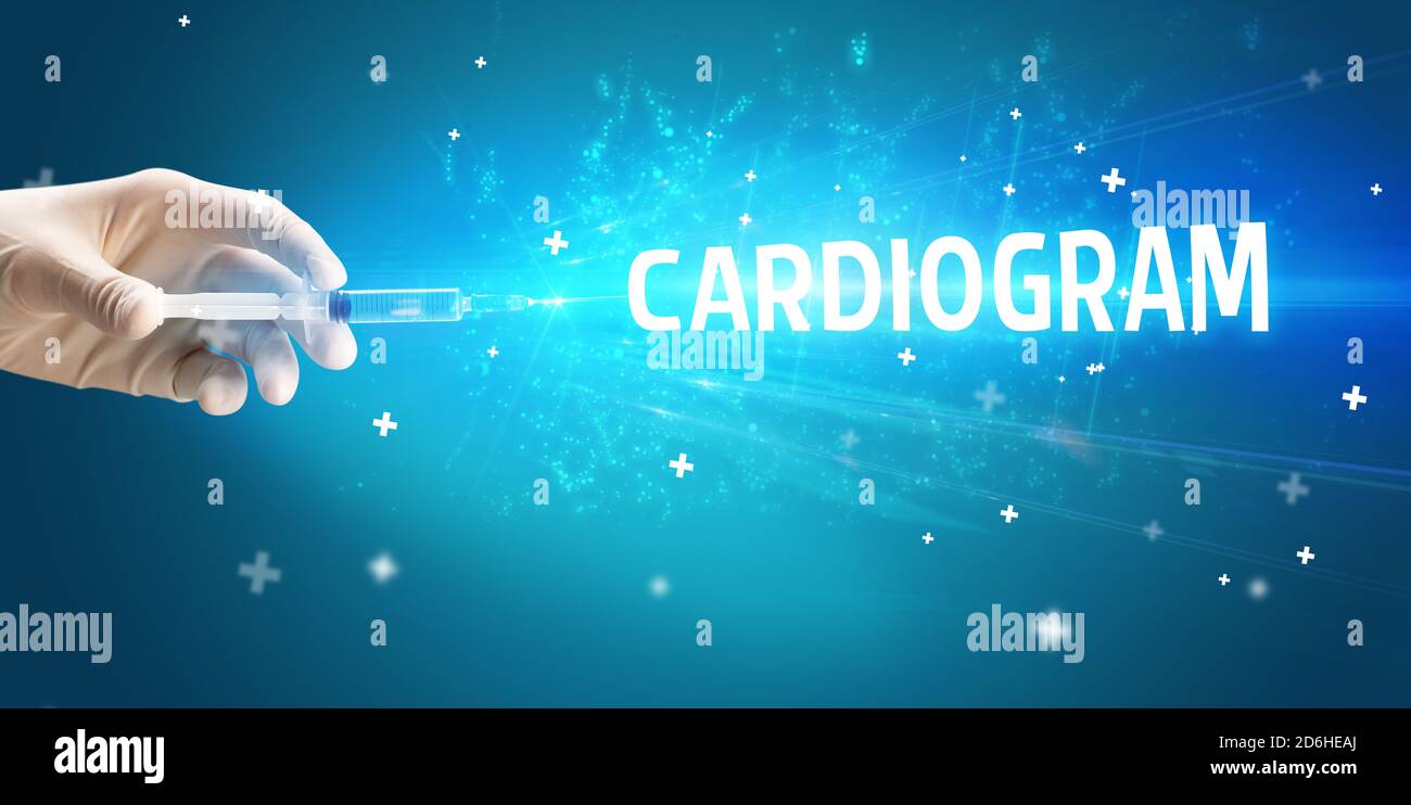 Syringe, medical injection in hand with CARDIOGRAM inscription, medical ...