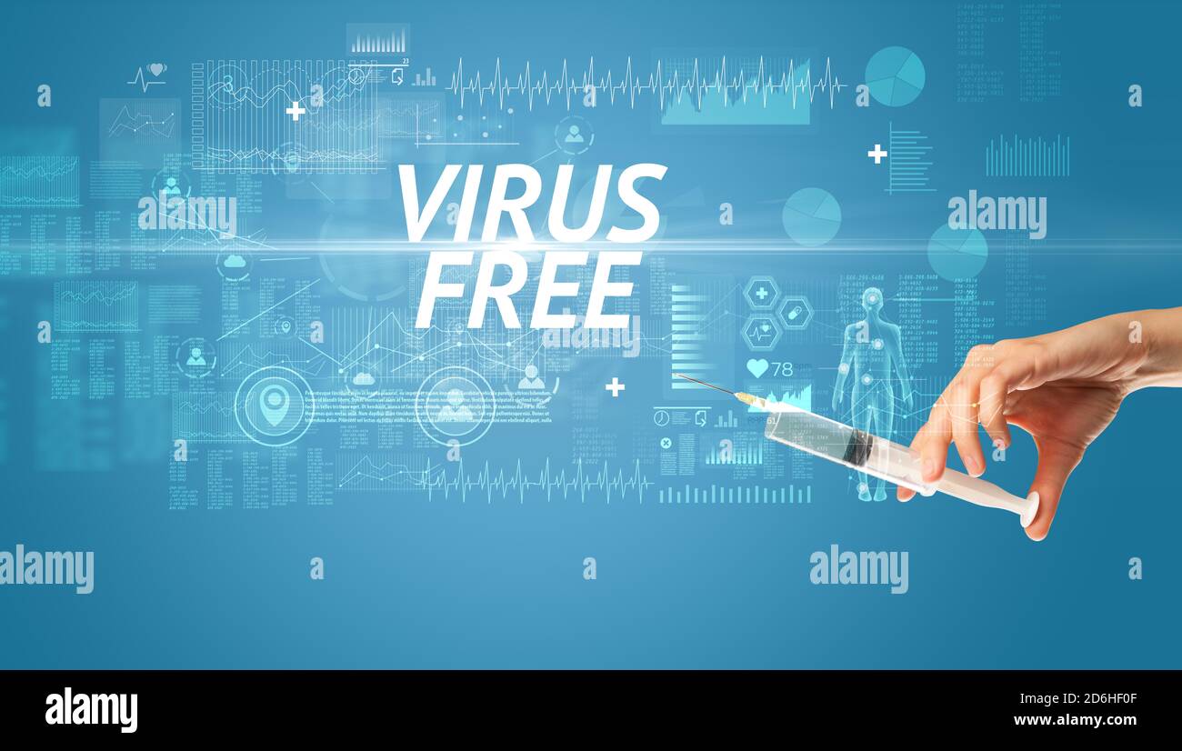 Syringe needle with virus vaccine and VIRUS FREE inscription, antidote ...