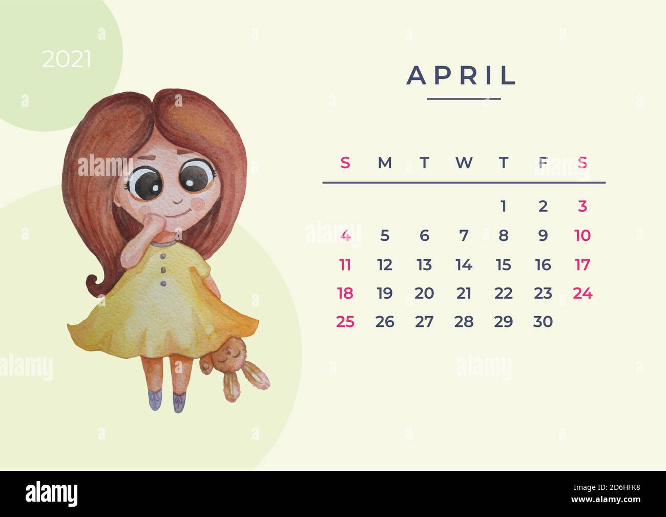 Calendar 2021 watercolor. Template for April. Watercolor drawing - a ...