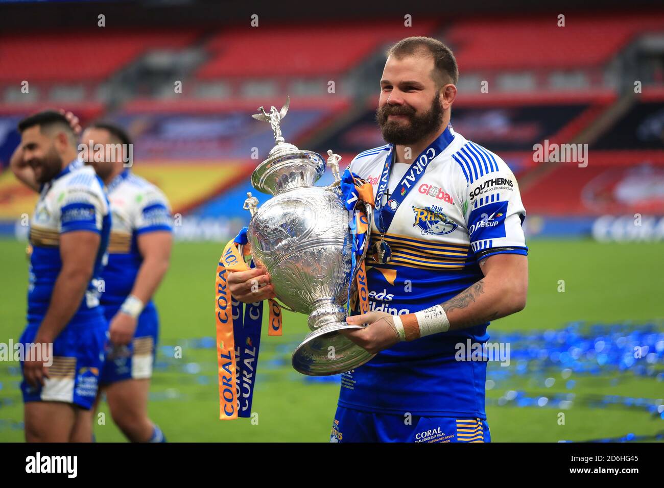 Leeds Rhinos Adam Cuthbertson with the trophy after winning the Coral ...