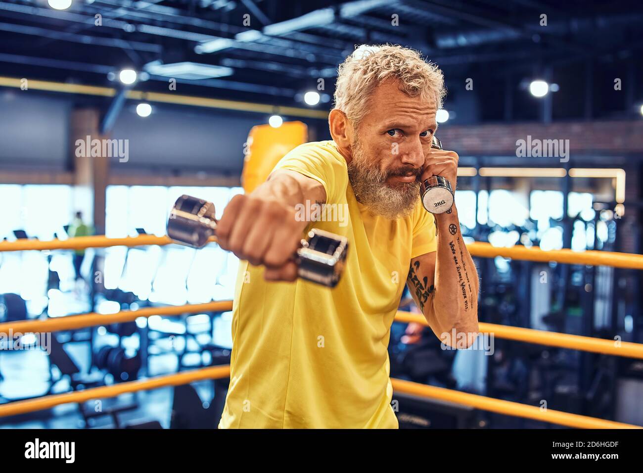 Middle aged man standing on the ring and boxing with dumbbell and ...