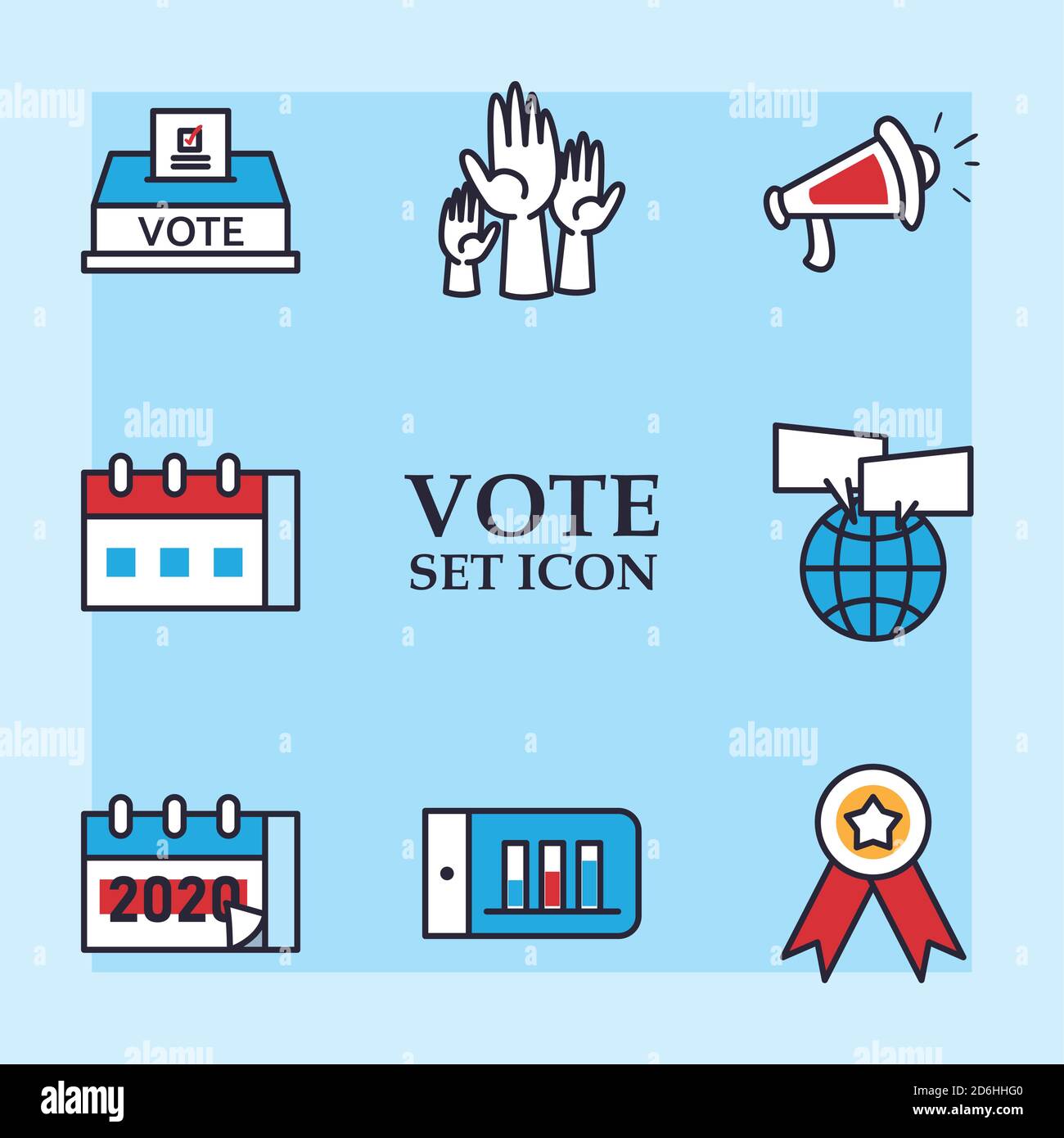 Vote line and fill style icon set design, President election government ...