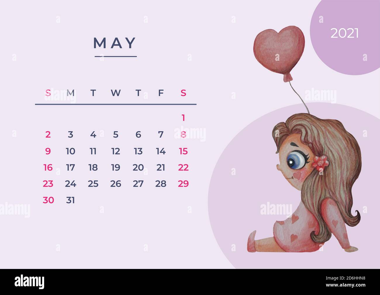 Calendar 2021 watercolor. Template for May. Watercolor drawing - a cute ...