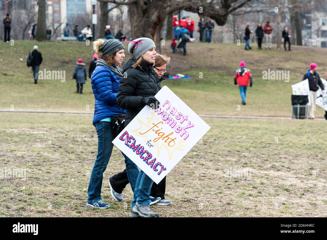 Girls walking with their signs at the Boston Women's March Stock Photo ...