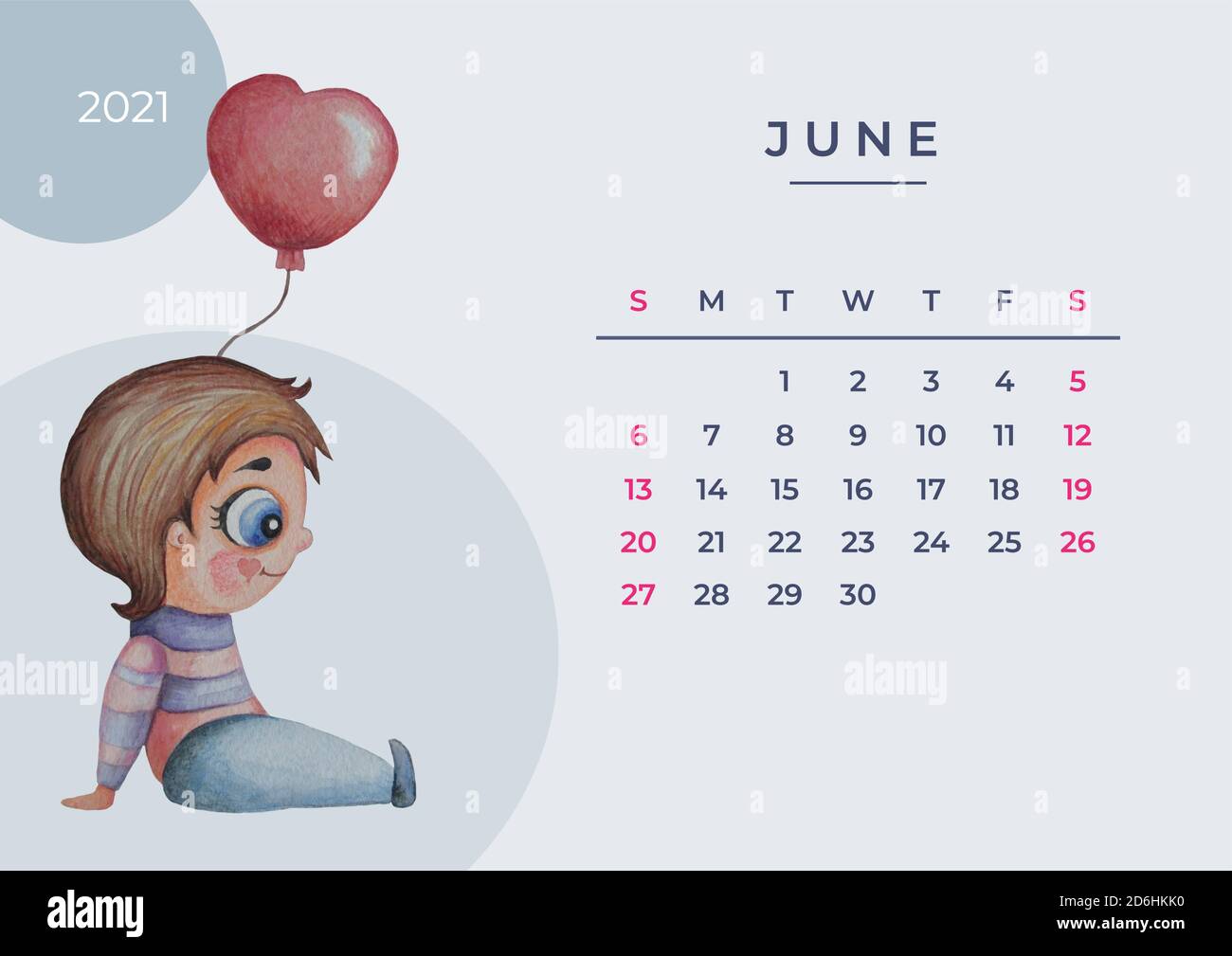 Calendar 2021 watercolor. Template for June. Watercolor drawing - a ...