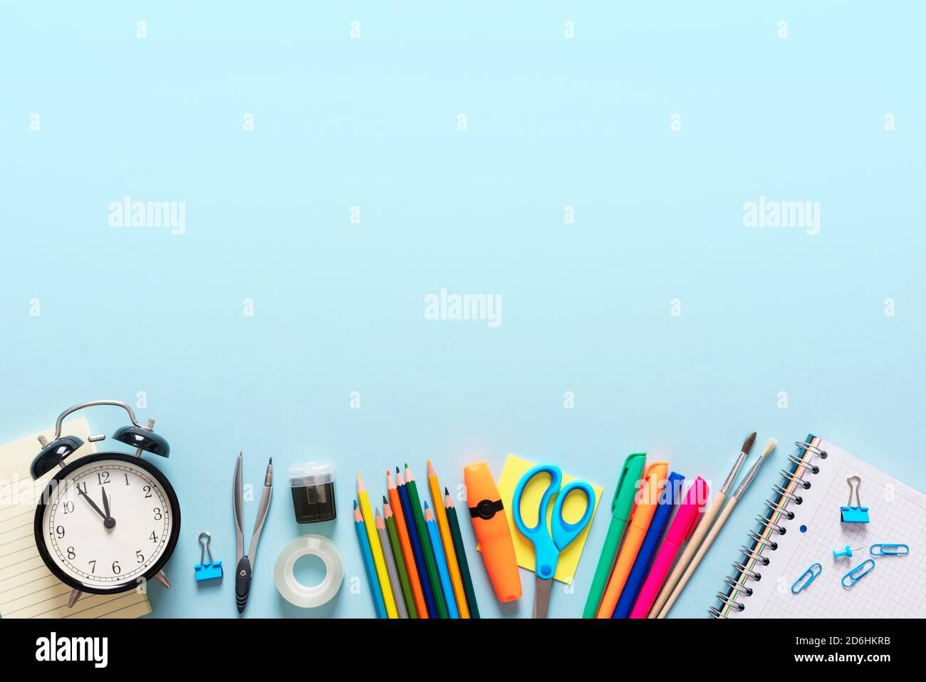 Back to school, stationery on blue background. Image with copy space ...