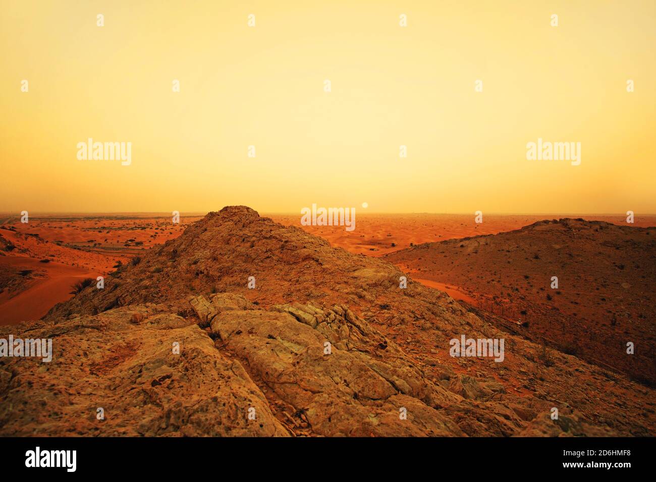 Al awir desert and mountains, Dubai, UAE in sunset warm light Stock ...