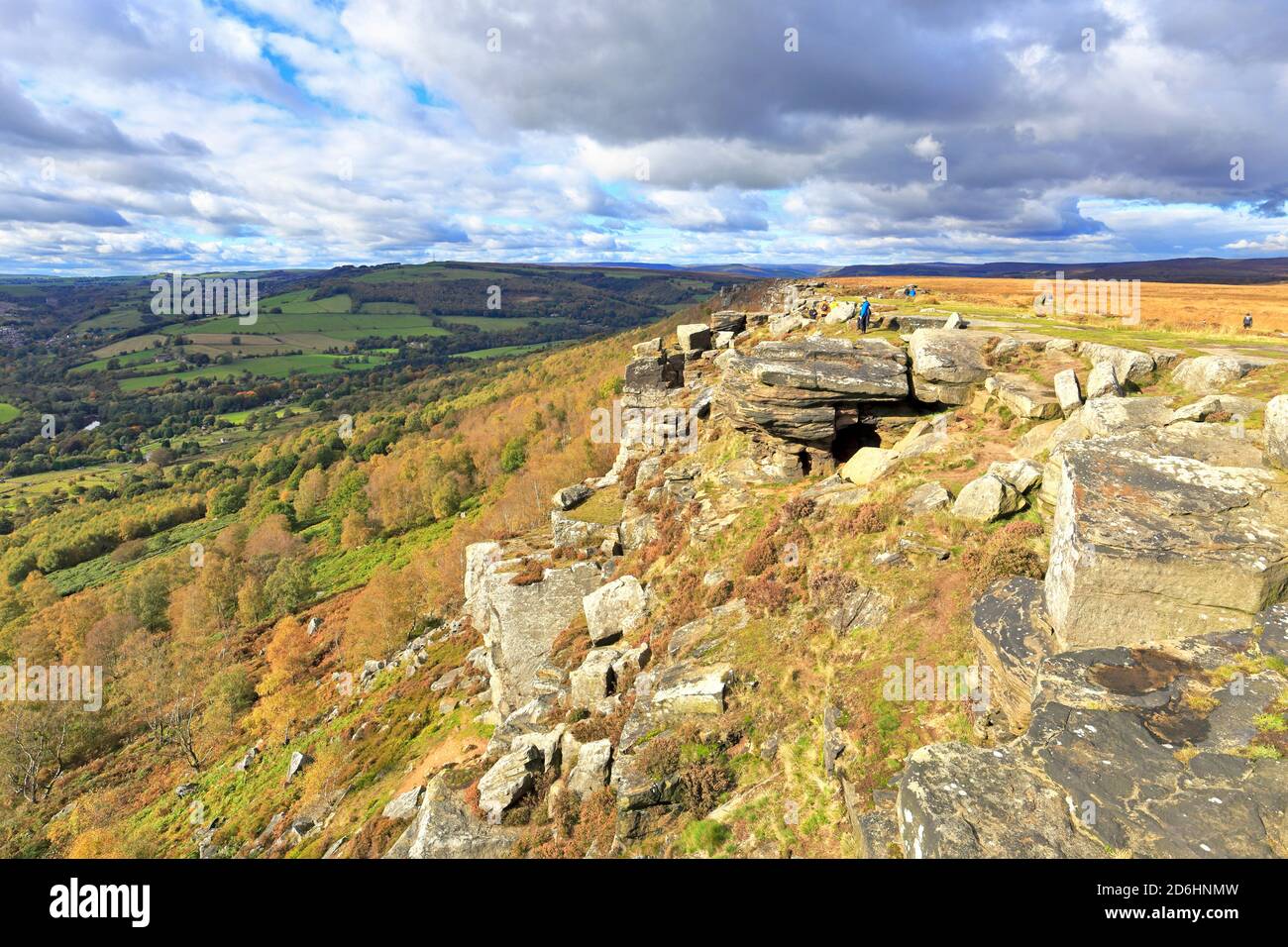Walkers on Curbar Edge near Calver, Derbyshire, Peak District National ...