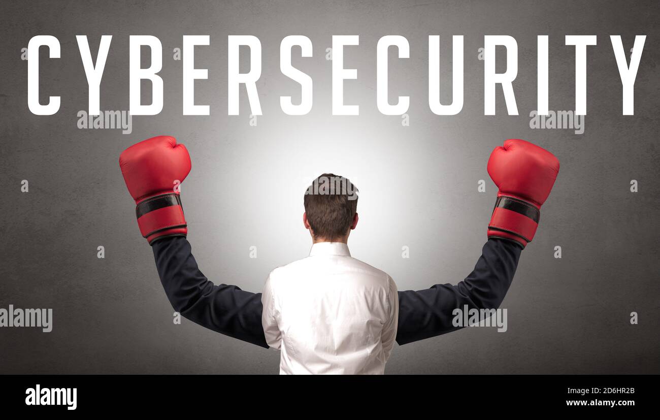 Rear view of a businessman with CYBERSECURITY inscription, cyber ...