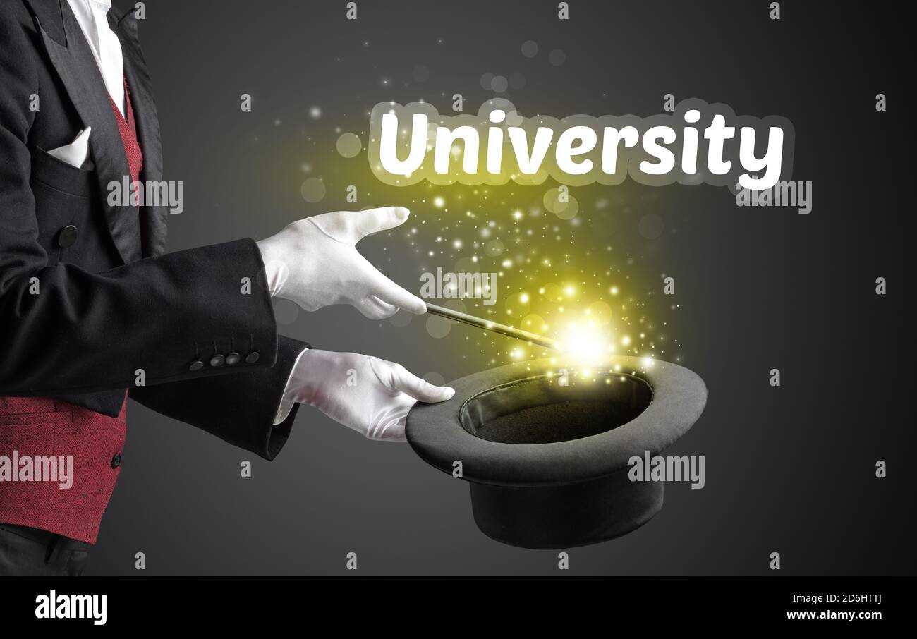 Magician is showing magic trick with University inscription ...