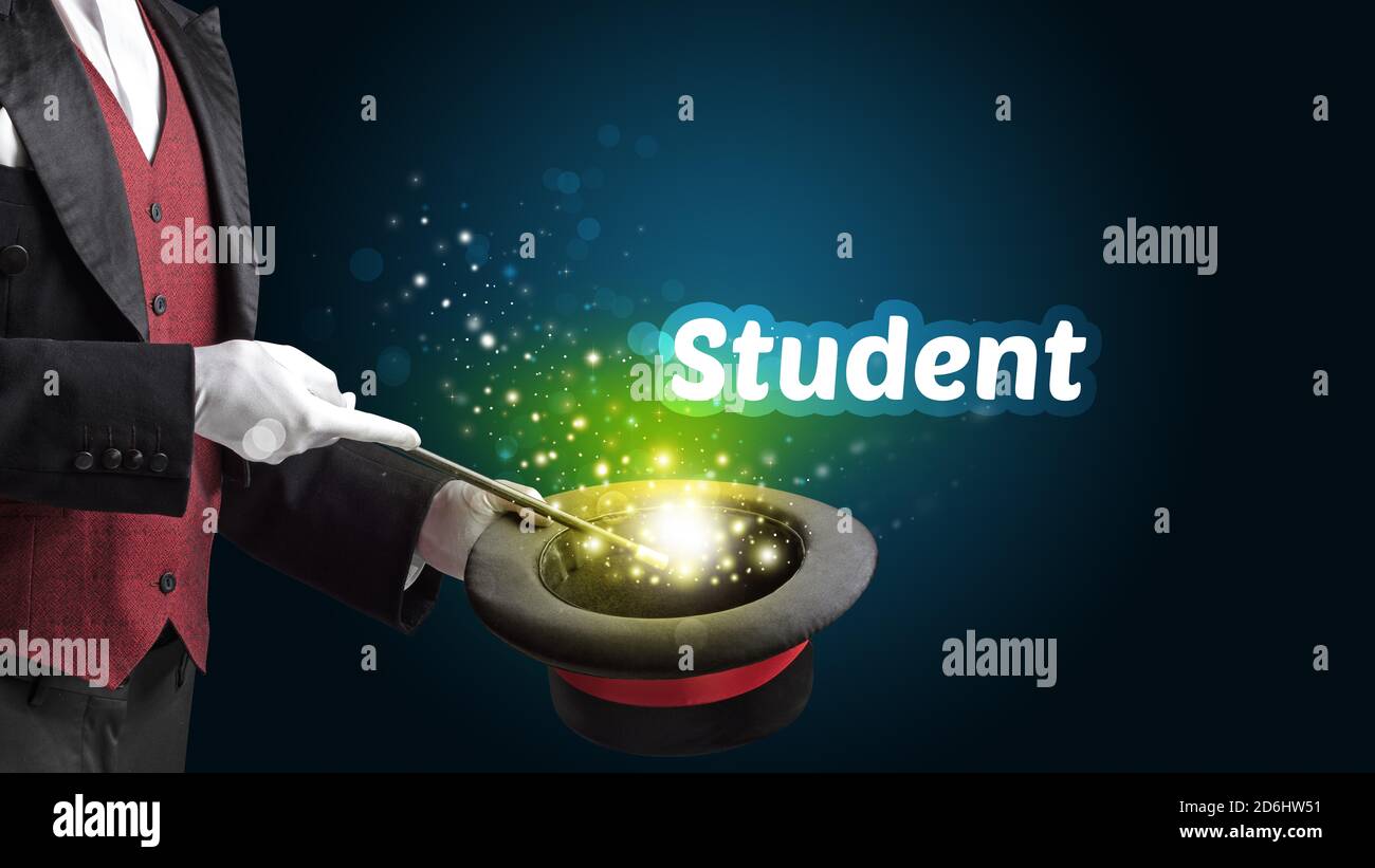 Magician is showing magic trick with Student inscription, educational ...
