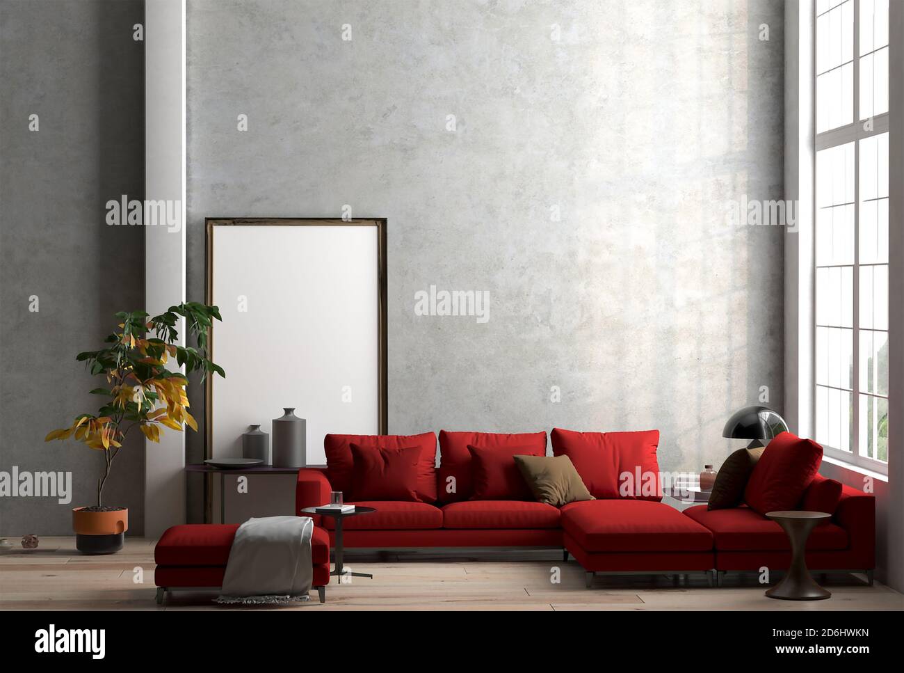 3d rendering of mock up pattern idea in loft interior with red sofa ...