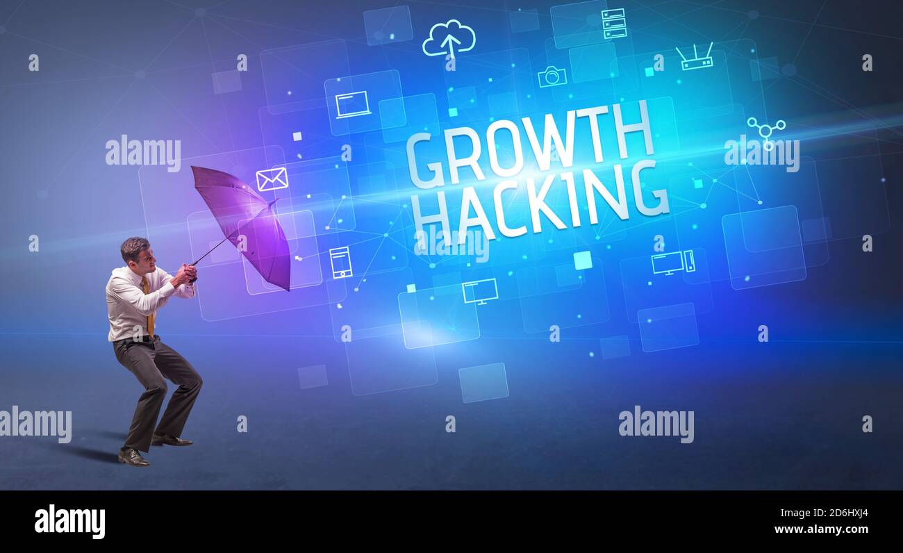 Businessman defending with umbrella from cyber attack and GROWTH ...