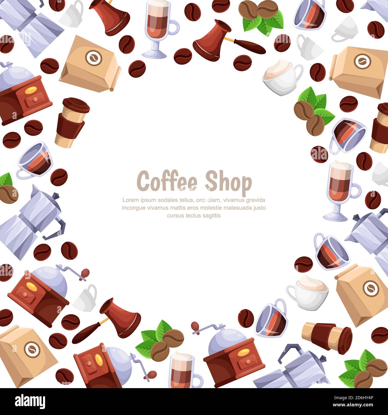 Coffee shop vector white frame background. Cartoon flat illustration ...