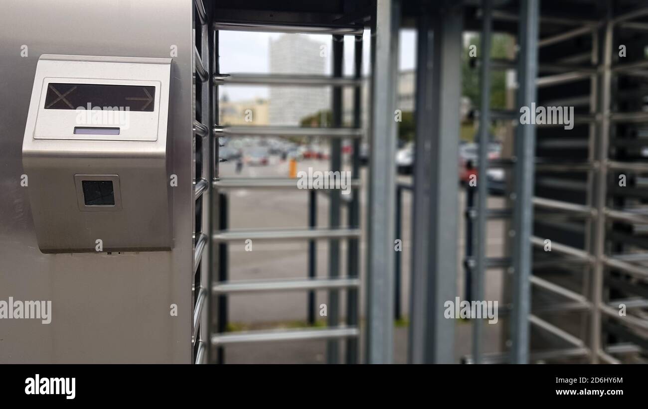 Entrance to the football stadium during the day without people. Secure ...