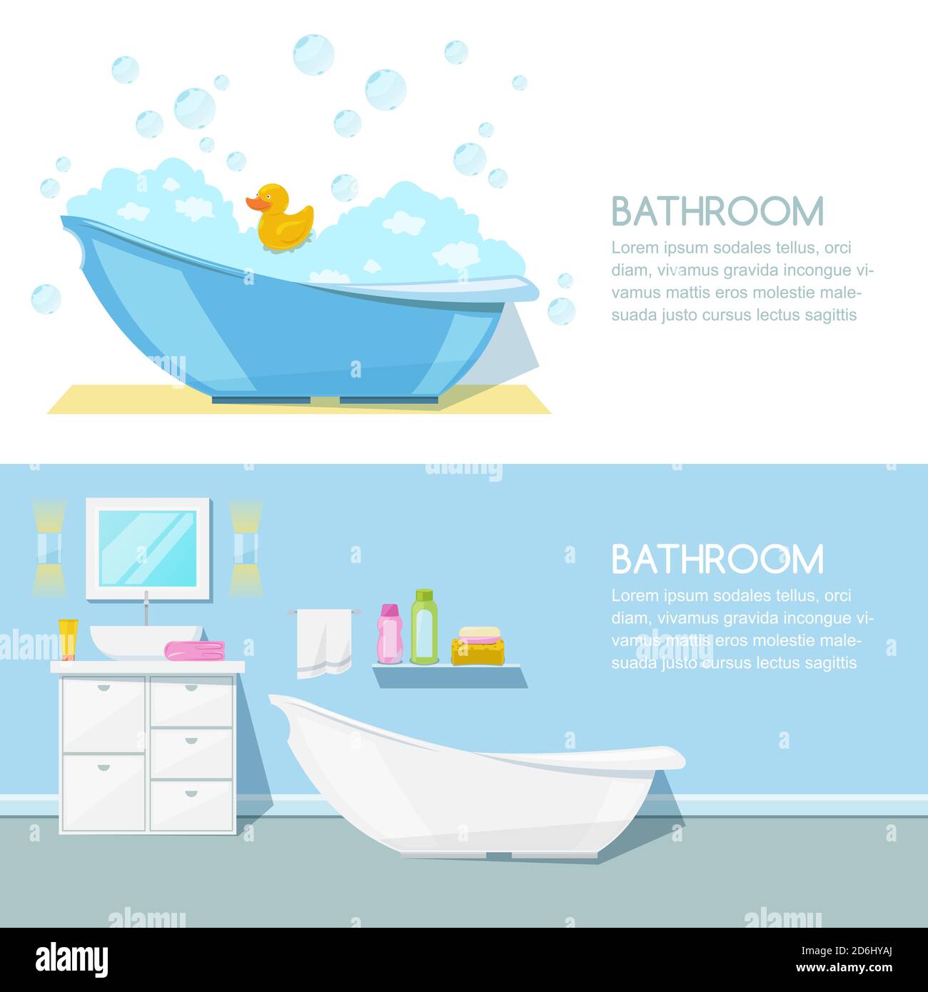 Bathroom modern interior, vector banner template. Bathtub, furniture ...