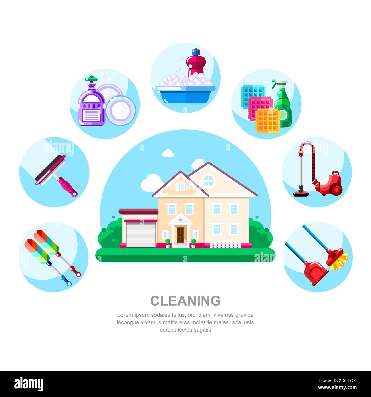House cleaning service and housework concept. Cottage, household tools ...