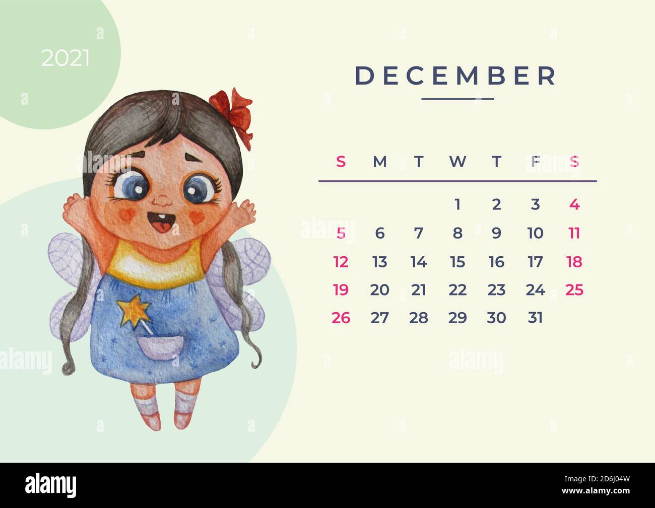 Calendar 2021 watercolor. Template for December. Watercolor drawing - a ...