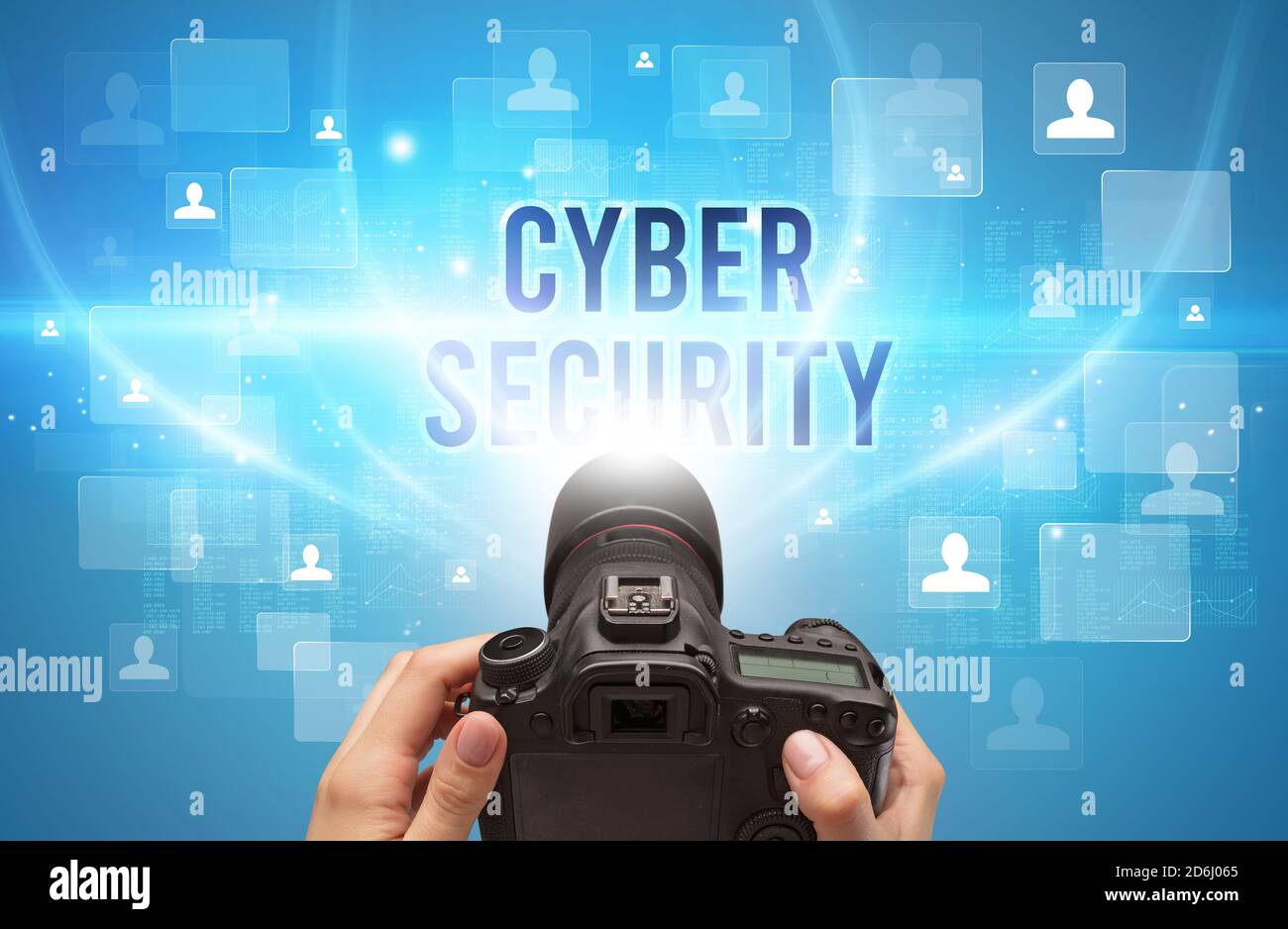 Close-up of hand holding camera with CYBER SECURITY inscription, video ...
