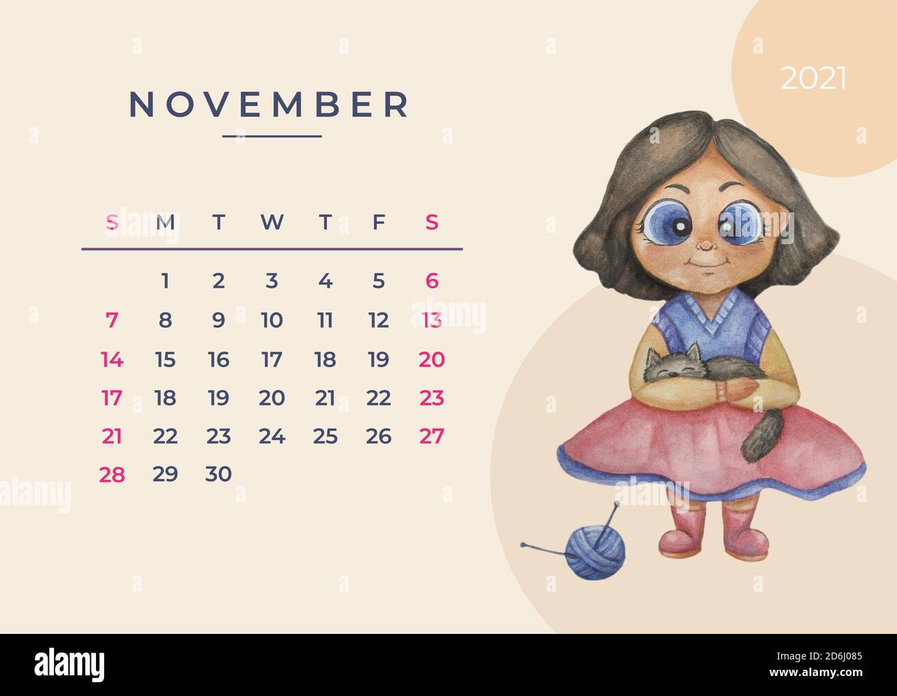 Calendar 2021 watercolor. November. Watercolor drawing - a cute ...