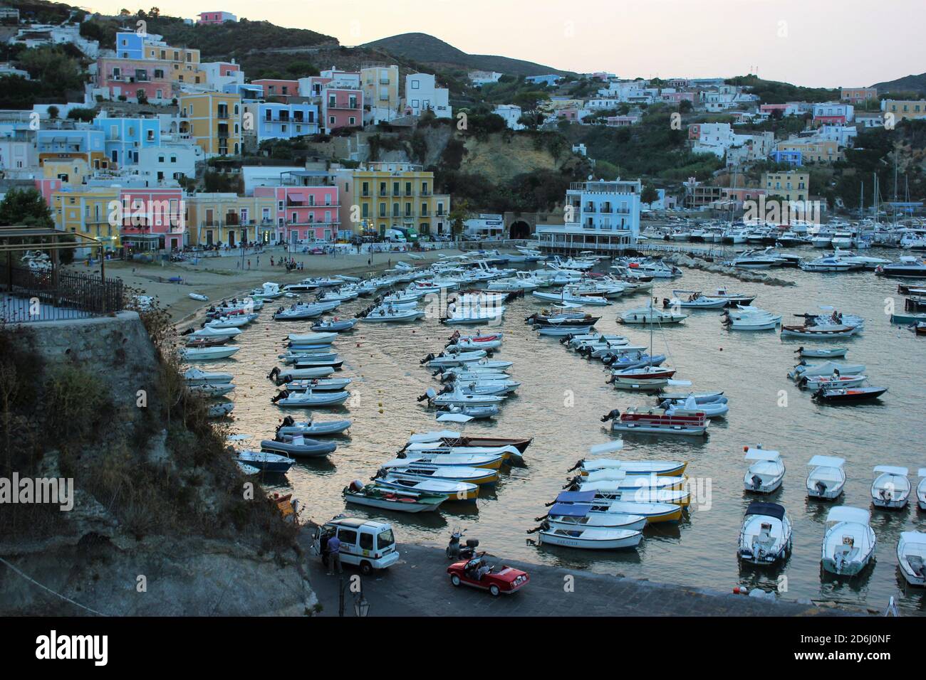 The ships moored in the bay. The panoramic view on the town of Ponza ...