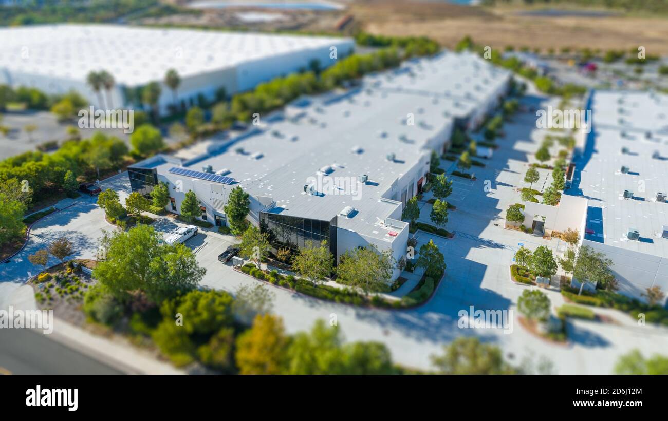 Aerial View of Commercial Buildings With Tilt-Shift Blur Stock Photo ...