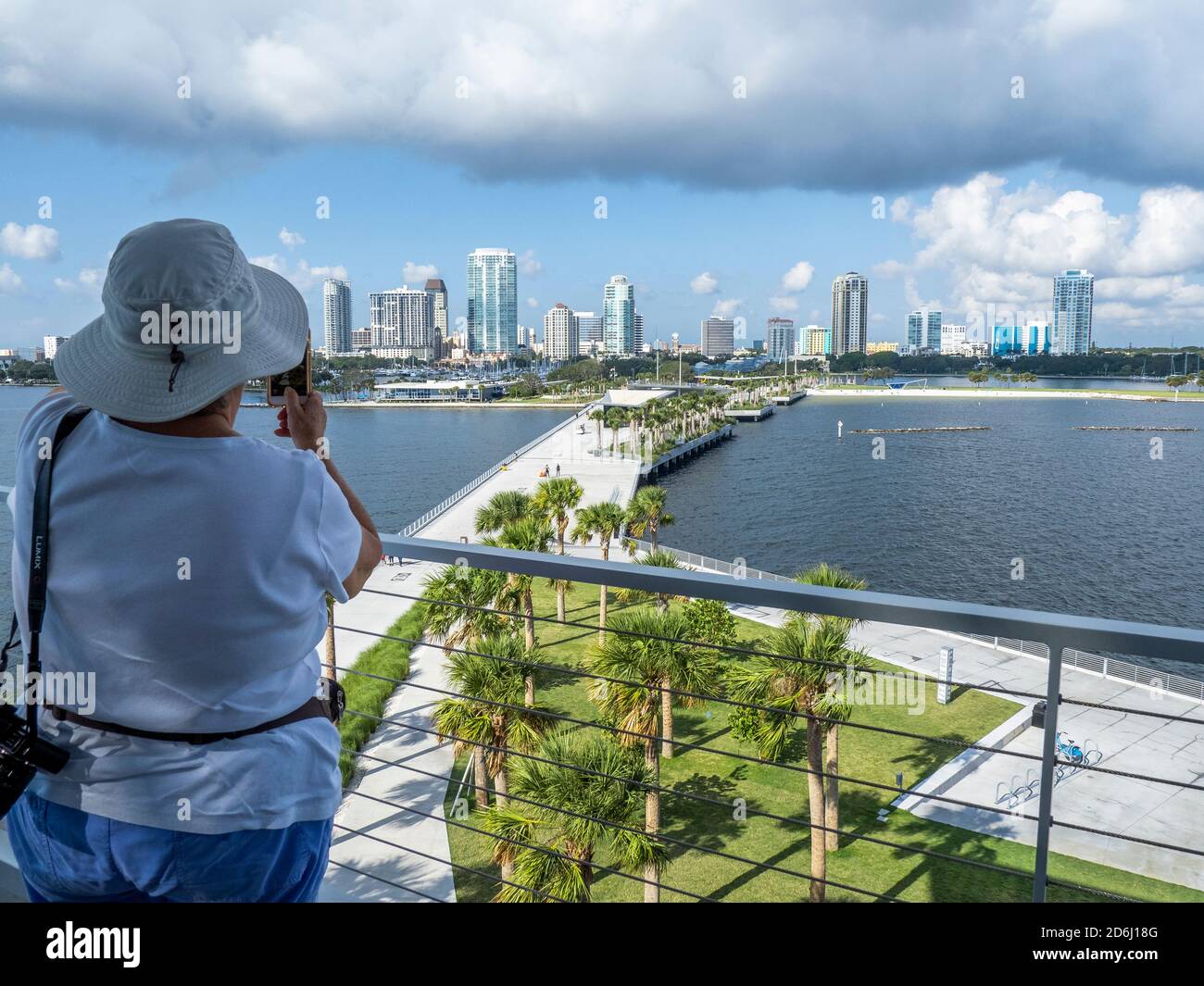 View of city slyline and the new rebuilt St Pete Pier from Pier Teaki ...