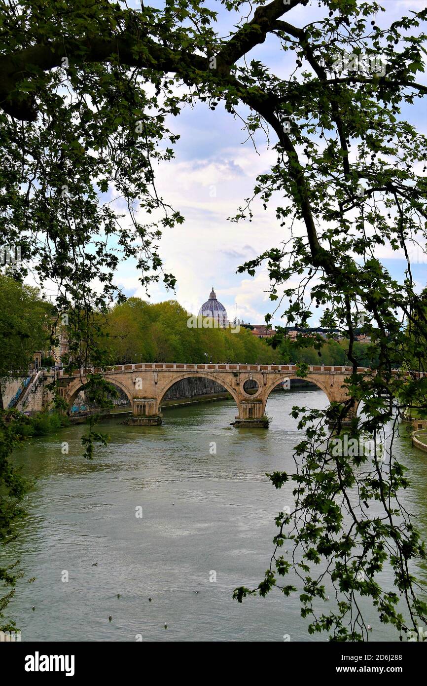 Rome , Italy. The view from the river Tiber on the Dome of San Pietro ...