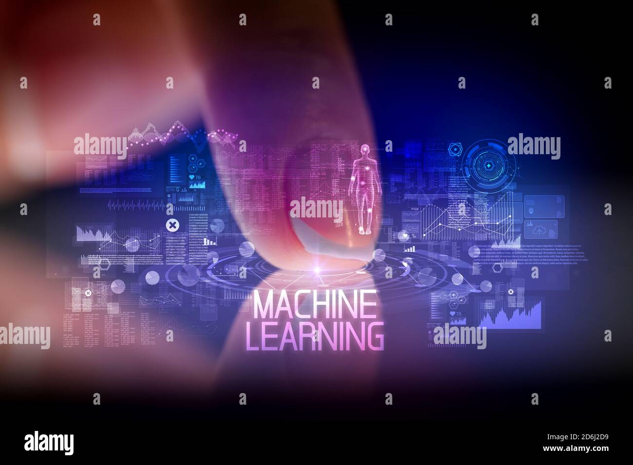Finger touching tablet with web technology icons and MACHINE LEARNING ...