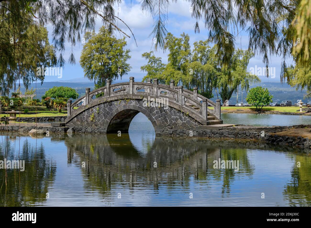 Bridge with reflection, Liliuokalani Park and Gardens, Hilo, Big Island ...