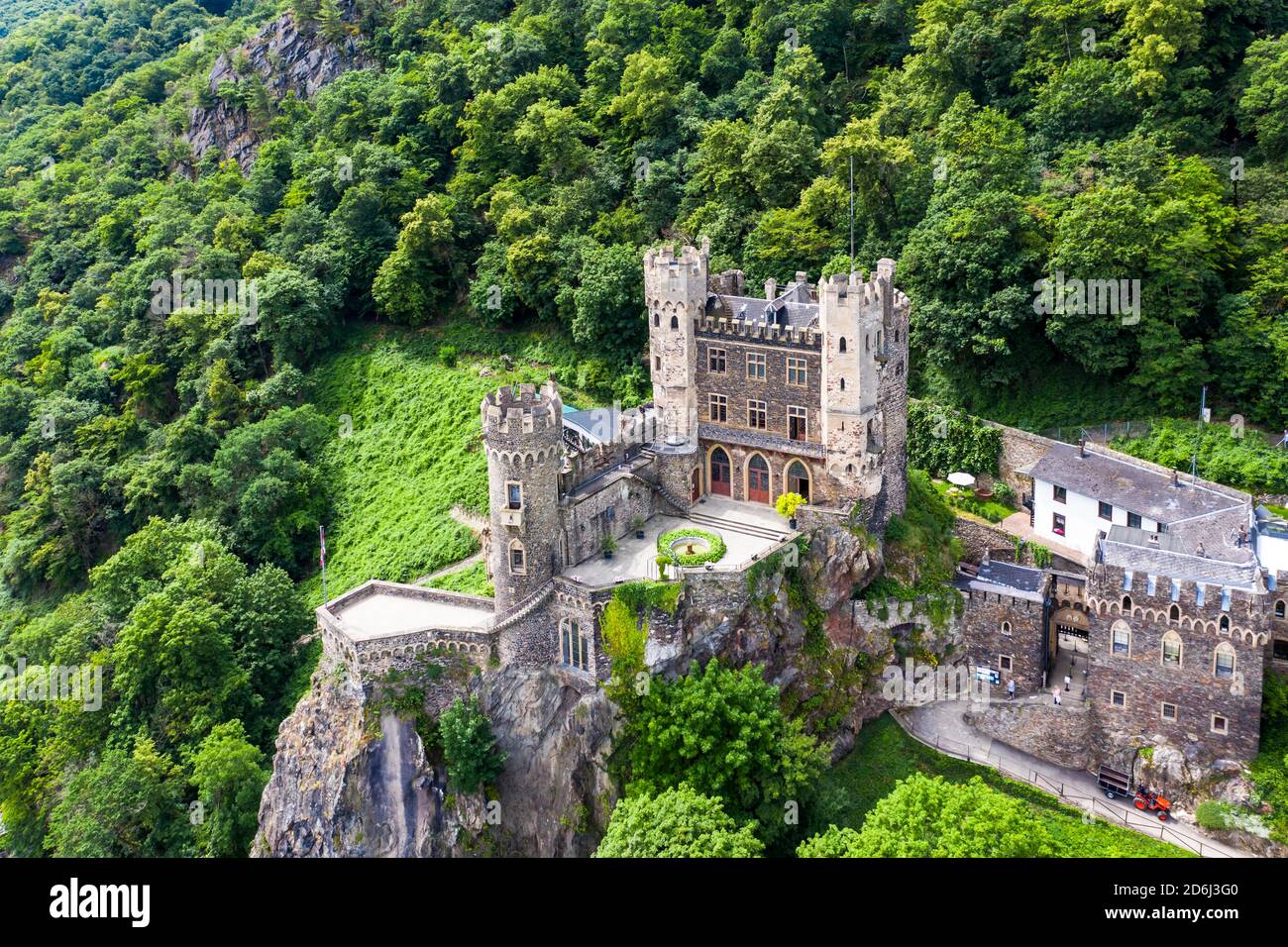 Aerial view of Burg Rheinstein, Trechtingshausen, Unesco World Heritage ...