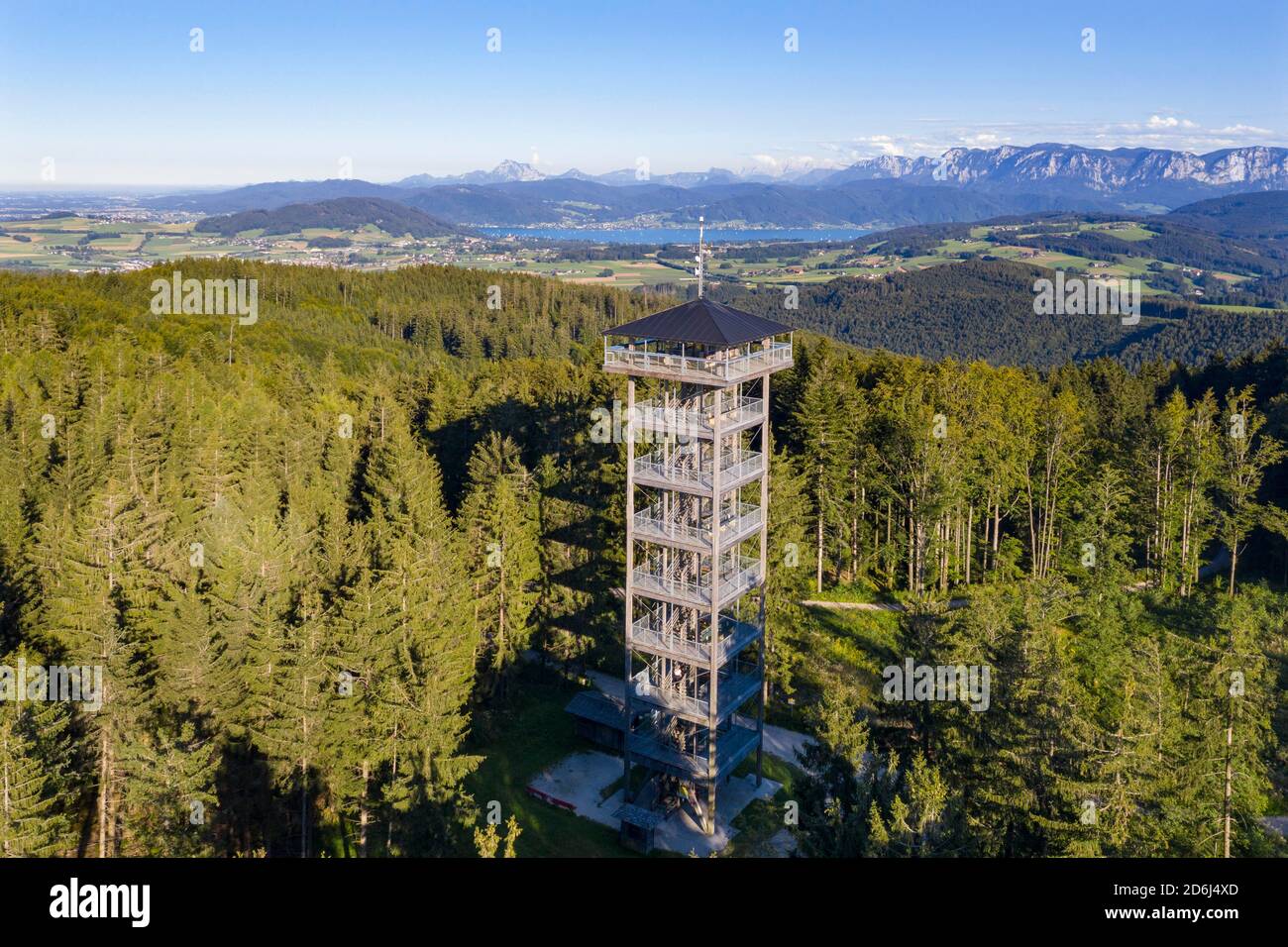 Lichtenberg observation tower with view of the attersee hi-res stock ...
