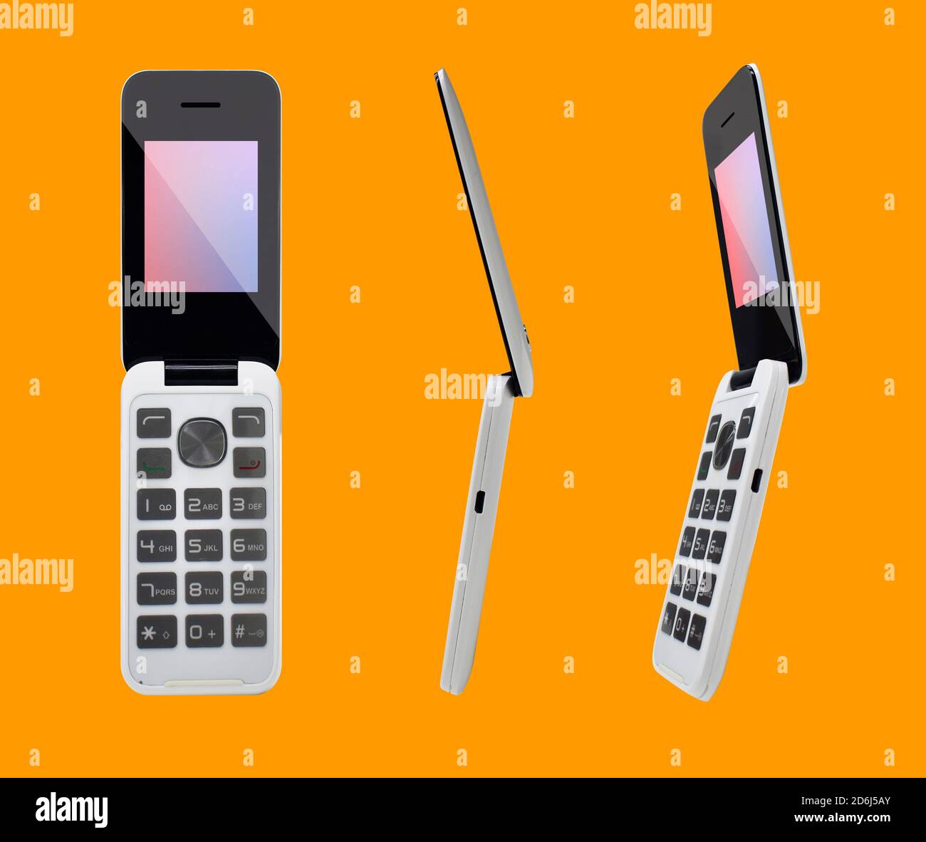 Modern clamshell phone isolated on a yellow background. Flip cell phone ...