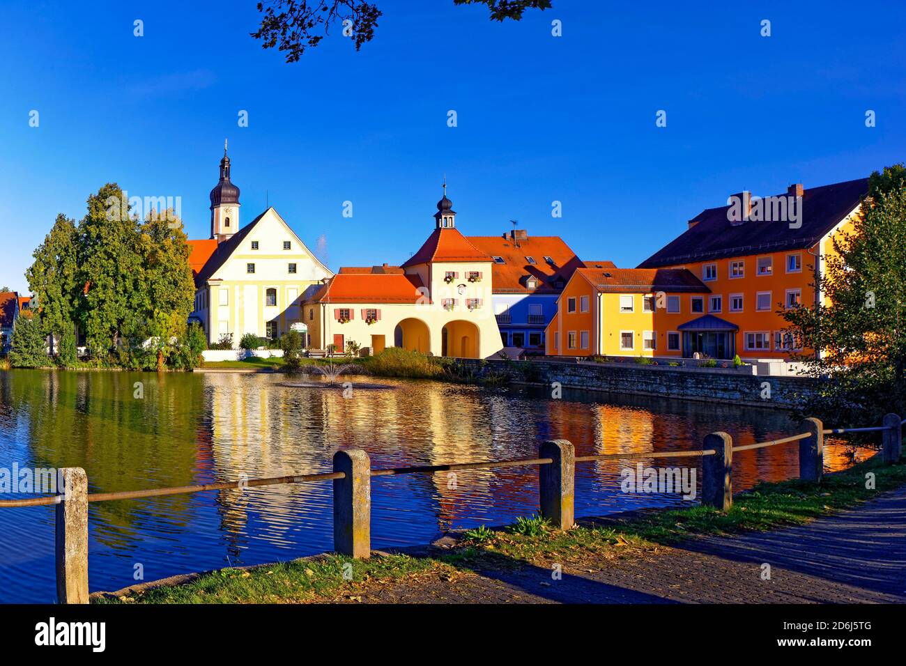 In front hospital pond with fountain, back from left, Catholic parish ...