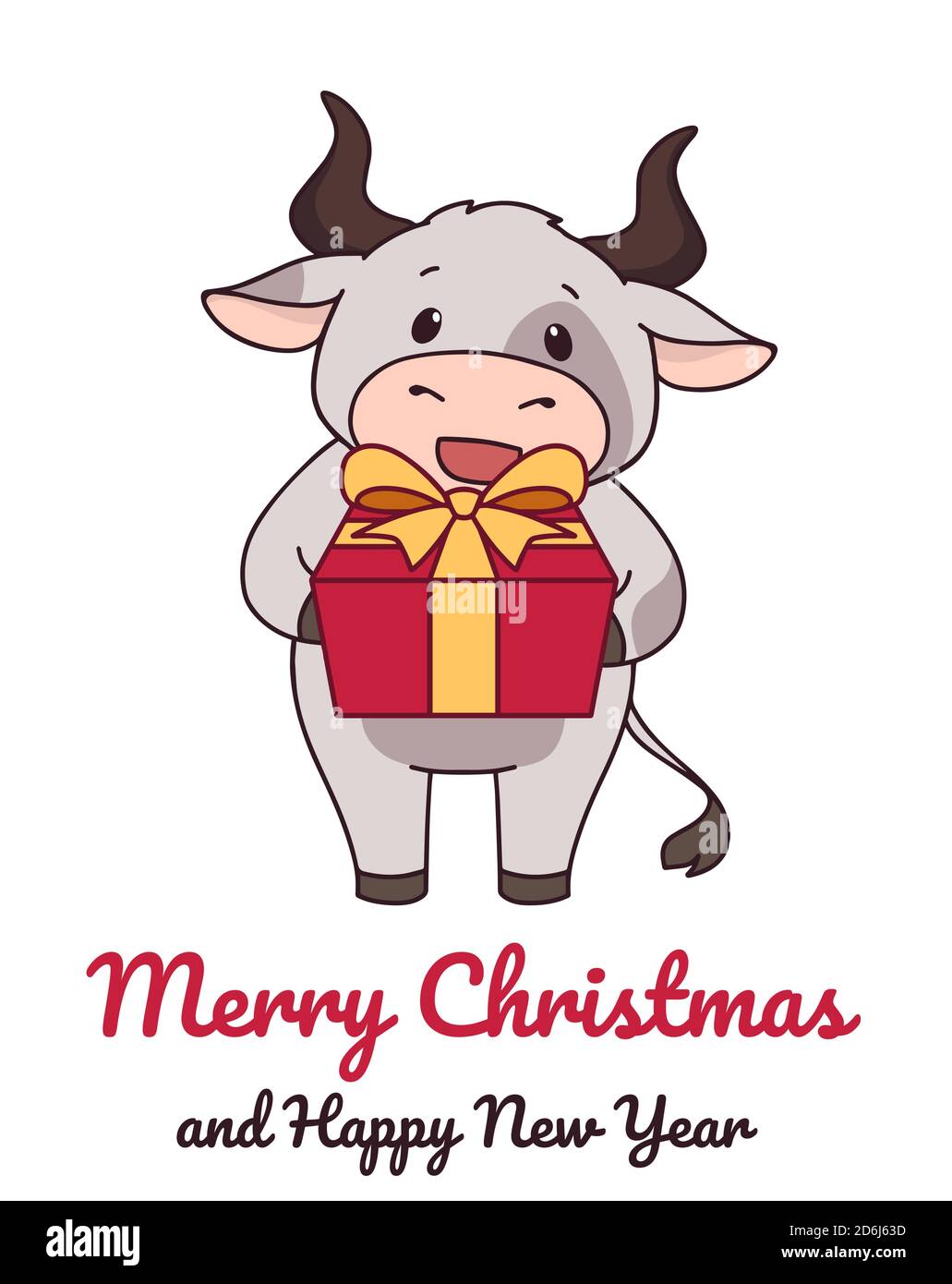 Cute ox holding the gift. Christmas hand drawn vector illustration for ...