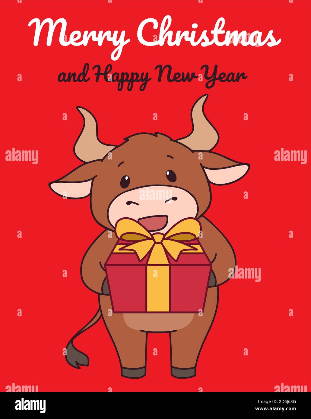 Cute ox holding the gift. Christmas hand drawn vector illustration for ...