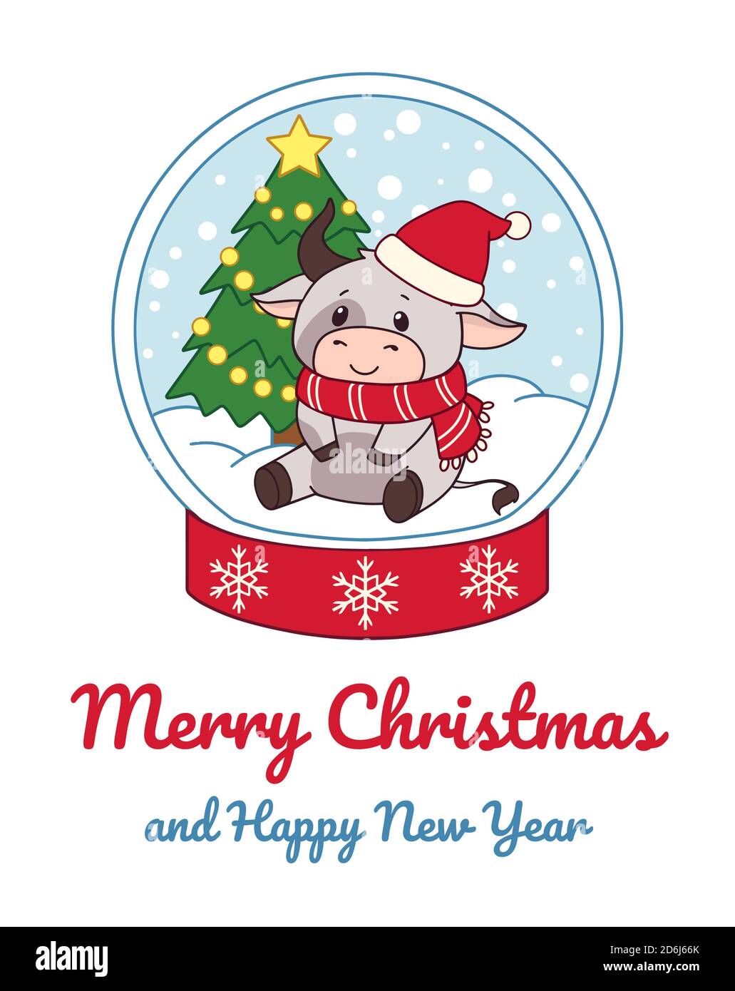 Cute ox sitting in the crystal ball. Christmas hand drawn vector ...